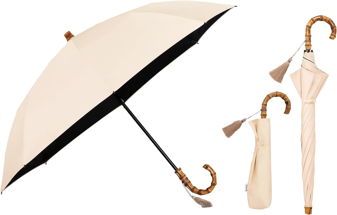 Amazon.co.jp: Wpc. 最強の日傘 UVO(ウーボ)折りたたみ傘／2段 無地タッセル ベージュ 《遮光率＆UVカット率100%/UPF50＋/遮熱/晴雨兼用》 親骨50cm ...