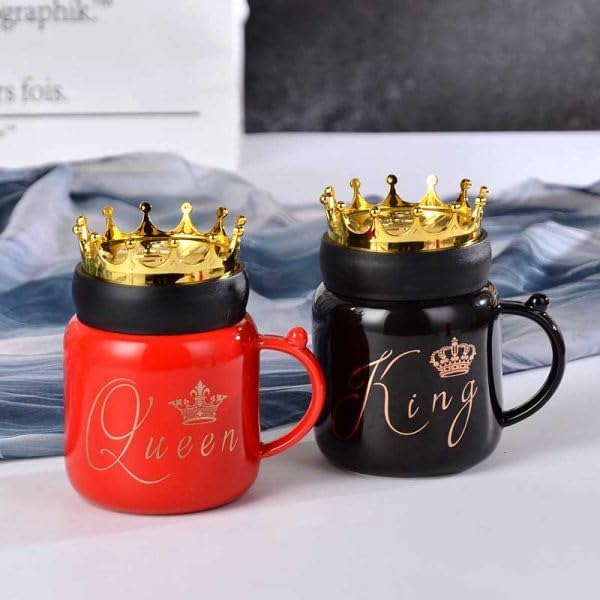 Buy Ezra King & Queen Coffee Mug with Crown Lid Couple Cup Set for ...