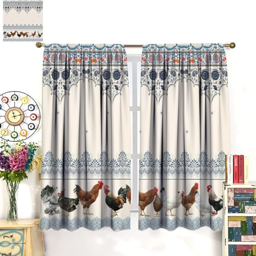 Vintage Farmhouse Rooster Blue Curtains