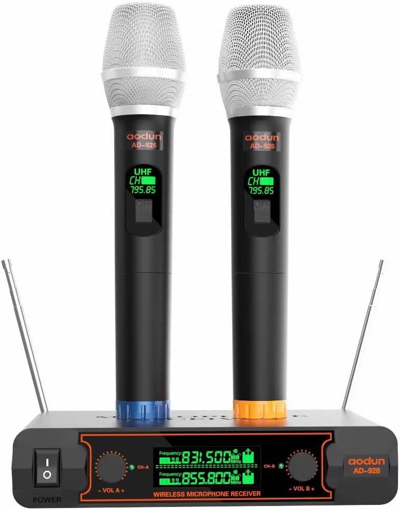 Wireless Microphones System Set, Two Plug-Play Dual VHF Cordless Mic ...