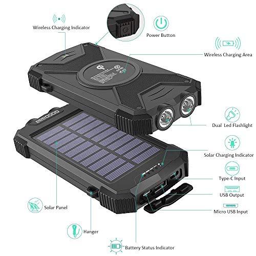 Solar Charger Wireless Power Bank, Portable 10000mAh Ultra-Compact ...