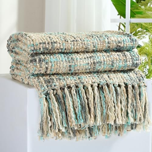 Amazon.com: GINAMUSE Multi-Color Blue Grey Cable Woven Throw Blanket ...