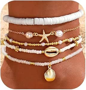 BelleVive 5-piece Boho Shell Ankle Bracelet Set for Women, 14kt Boho Beads, Handmade, Adjustable ...