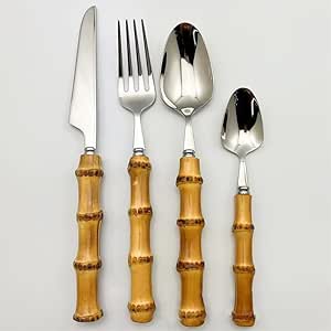Amazon.com | 16 Piece Bamboo Silverware Set for 4, 18/10 Stainless ...