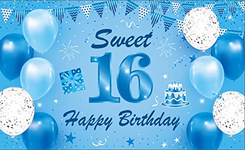 Buy Augtoy 16th Birthday Backdrop Banner, Extra Large Fabric Blue 16th ...