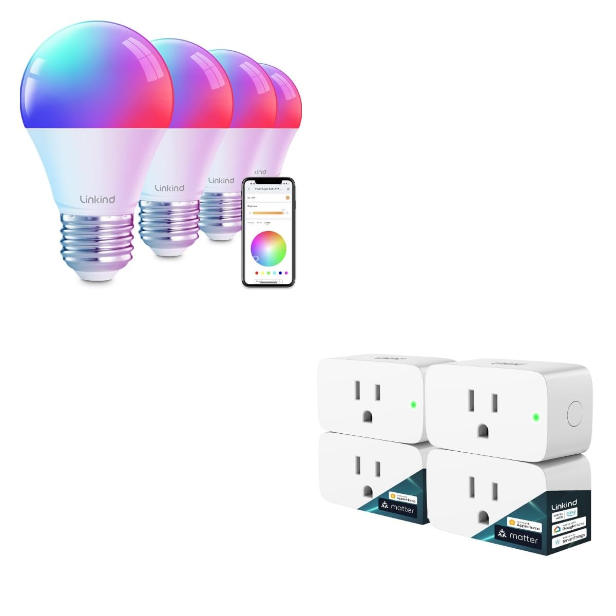 Linkind Matter Smart Plug 4 Pack Smart Light Bulbs 4 Pack RGBTW Color ...