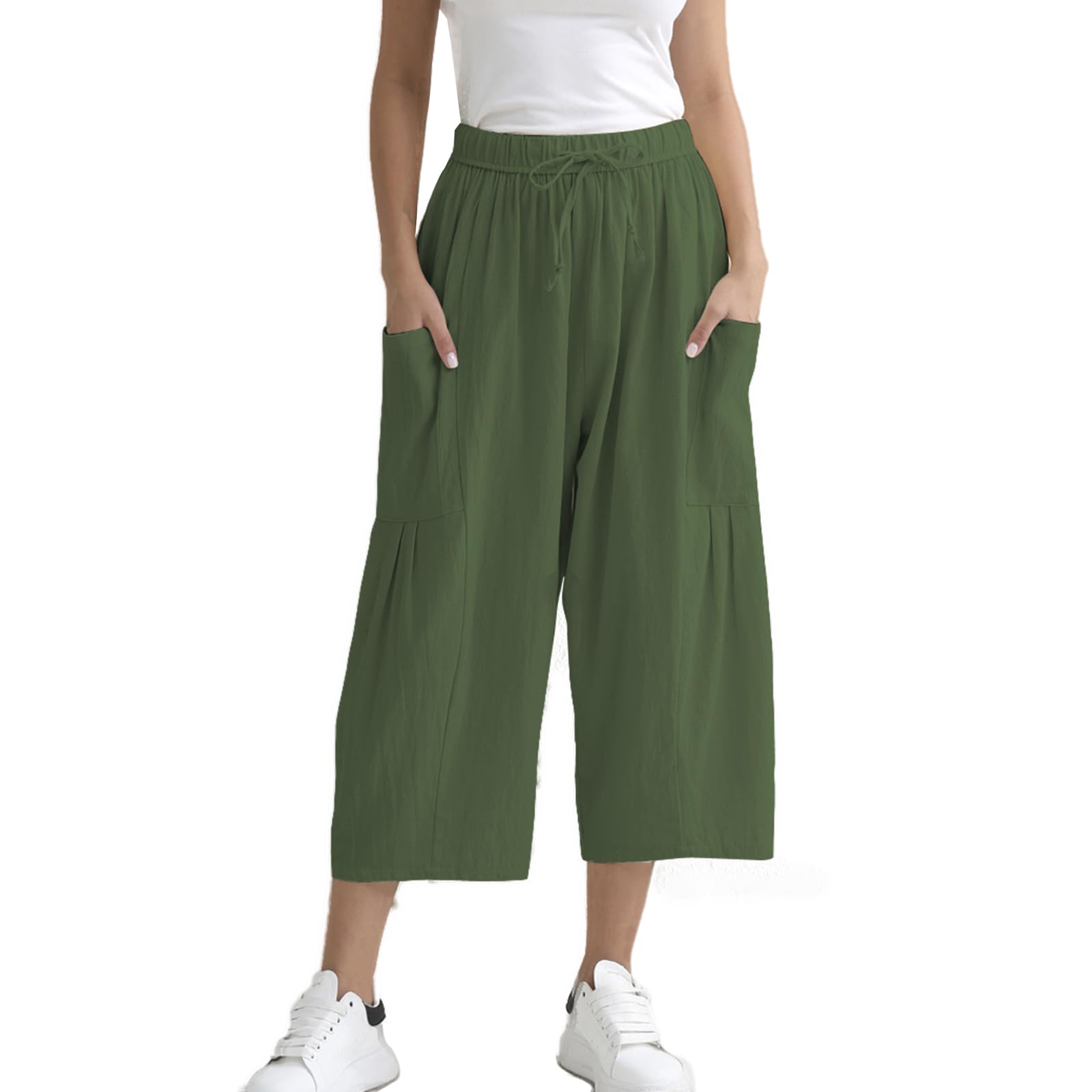 Womens Linen Pants High Waisted Wide Leg Cotton Capris Drawstring ...