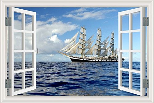 SOLEDI Brand 1 Piece 3D Window View Sailing Boat on the Sea Stickers ...