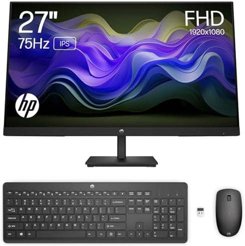 HP 27 Inch FHD Monitor + Wireless Keyboard and Mouse Bundle, 27 Inch ...