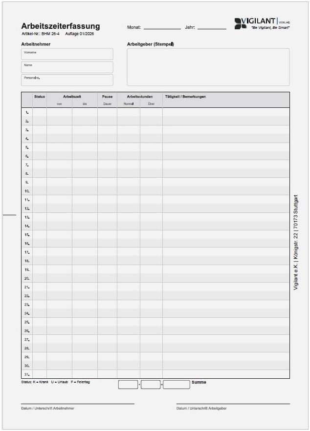 Arbeitszeiterfassung VIGILANT Block A4 50 Blatt | Stundenzettel Minijob ...