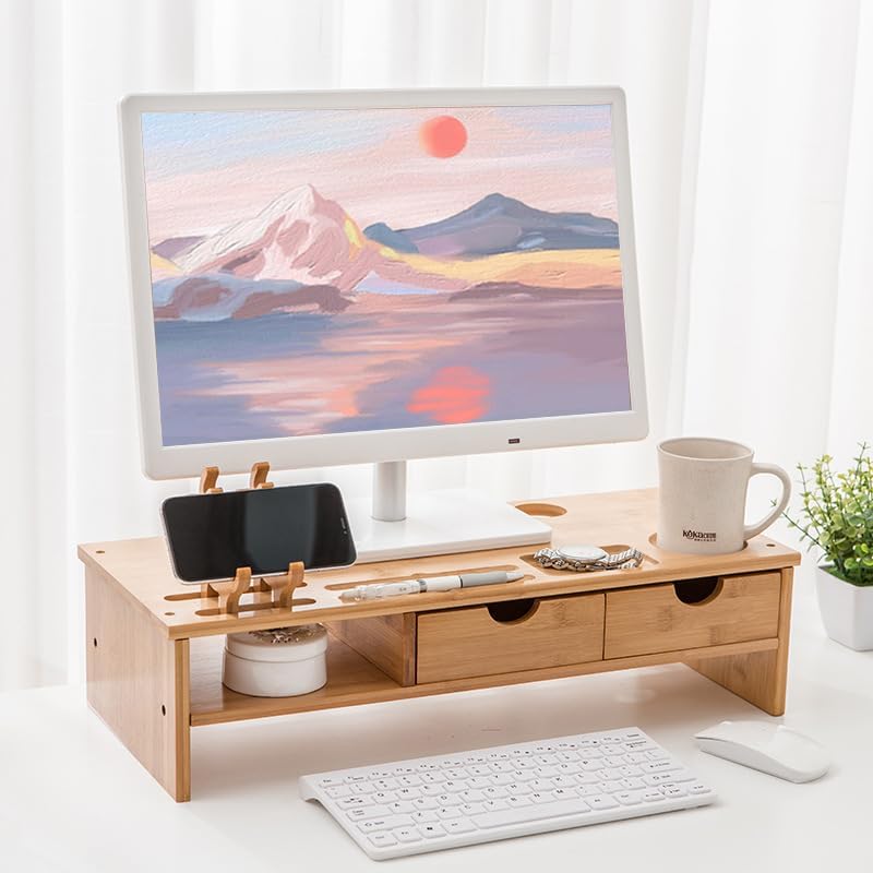 ybaymy Wooden Monitor Stand, Bamboo Monitor Stand with Storage, Monitor ...