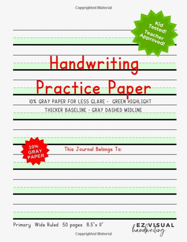 Handwriting Practice Paper: Green Highlight + Gray Paper Composition ...