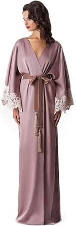 BATHGOWN Women's Luxury Satin Maxi Robe with French Lace Detail on The ...