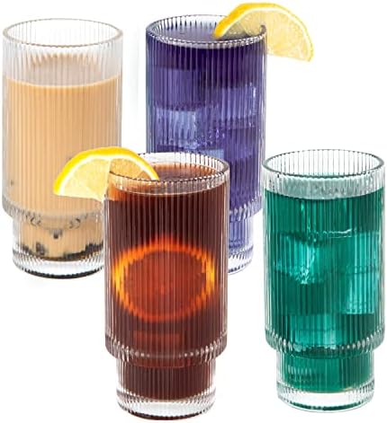 Amazon.com | Dingerjar Stackable Ribbed Glass Cup Set of 6 12oz ...
