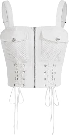 BEAUDRM Women's Zipper Front Tank Top Lace Up Slim Fit Cropped Party ...