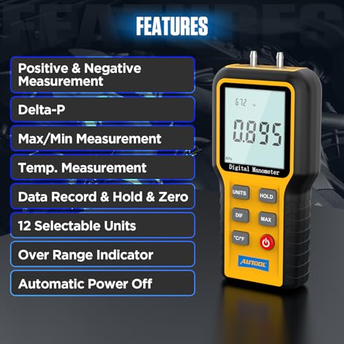 AUTOOL Digital Manometer, Dual-Port Manometer Gas Pressure Tester ...