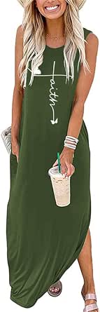 Women's Faith Tank Sides Slit Loose Sundress Jesus Cross Christian Long ...