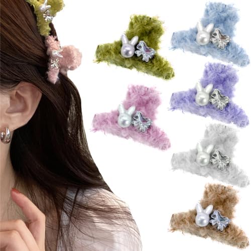 Amazon.com : Myhiju HairClip, 6Pcs Rhinestone Butterfly Pearl Rabbit Plush Hair Clips, Cute ...