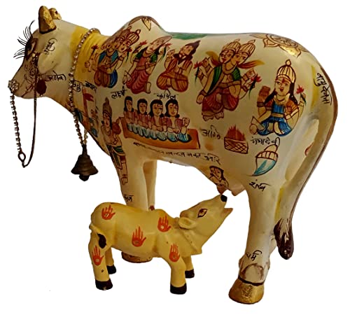 Purpledip Resin Idol Kamdhenu Wish Cow & Calf: Hindu Gods Painted Good ...