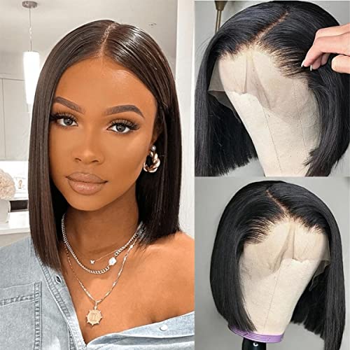 YIBUSI Bob Wig Human Hair 13×4 Frontal Lace Wig 12 Inch Straight Bob ...