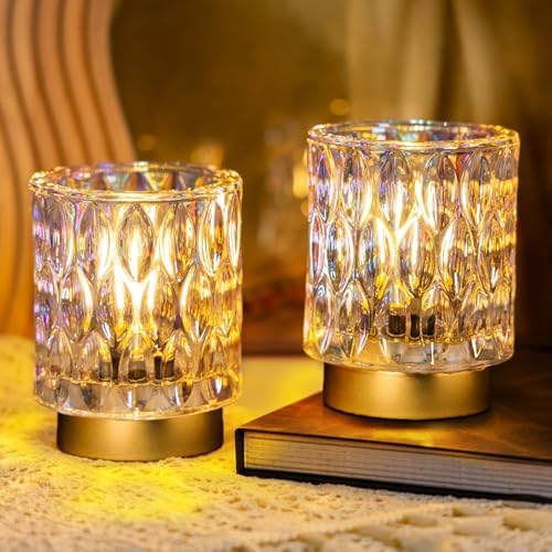 Crystal Glass Table Lamp, Set of 2 Battery Operated Table Lamp with ...