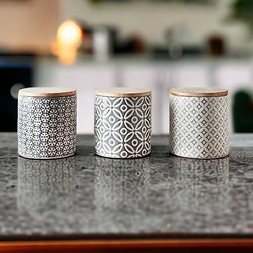 HOMELOX Set Of 3 Ceramic Tea Coffee Sugar Canisters Jars Geo Embossed ...