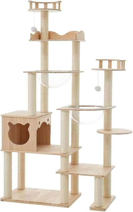 Amazon | OSJ キャットタワー タワー 猫ハウス 猫タワー ペット用 多頭飼い 大型 木製 据え置き 高さ170cm 宇宙船2個 透明ボウル 隠れ家 爪とぎ おもちゃ 展望台 運動 ...