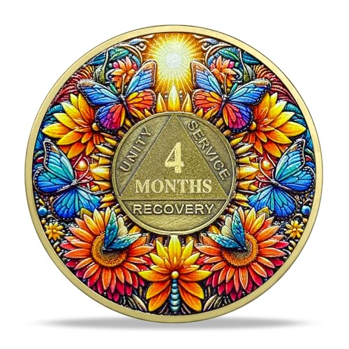 Colorful Sobriety Coin with Sun, Boat, Butterflies - 4 Month AA ...