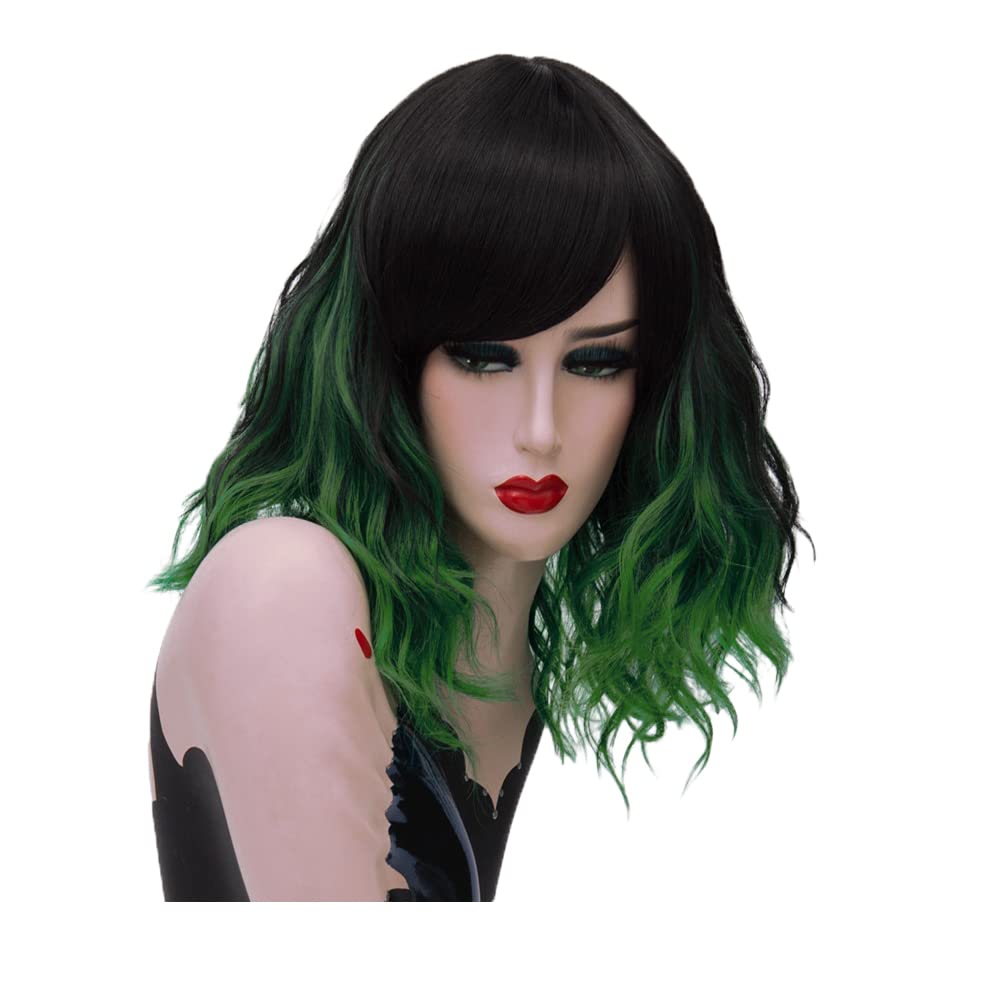 Amazon.com : HeumHrn 14 Inch Bob Green Wavy Wigs With Bangs Curly ...
