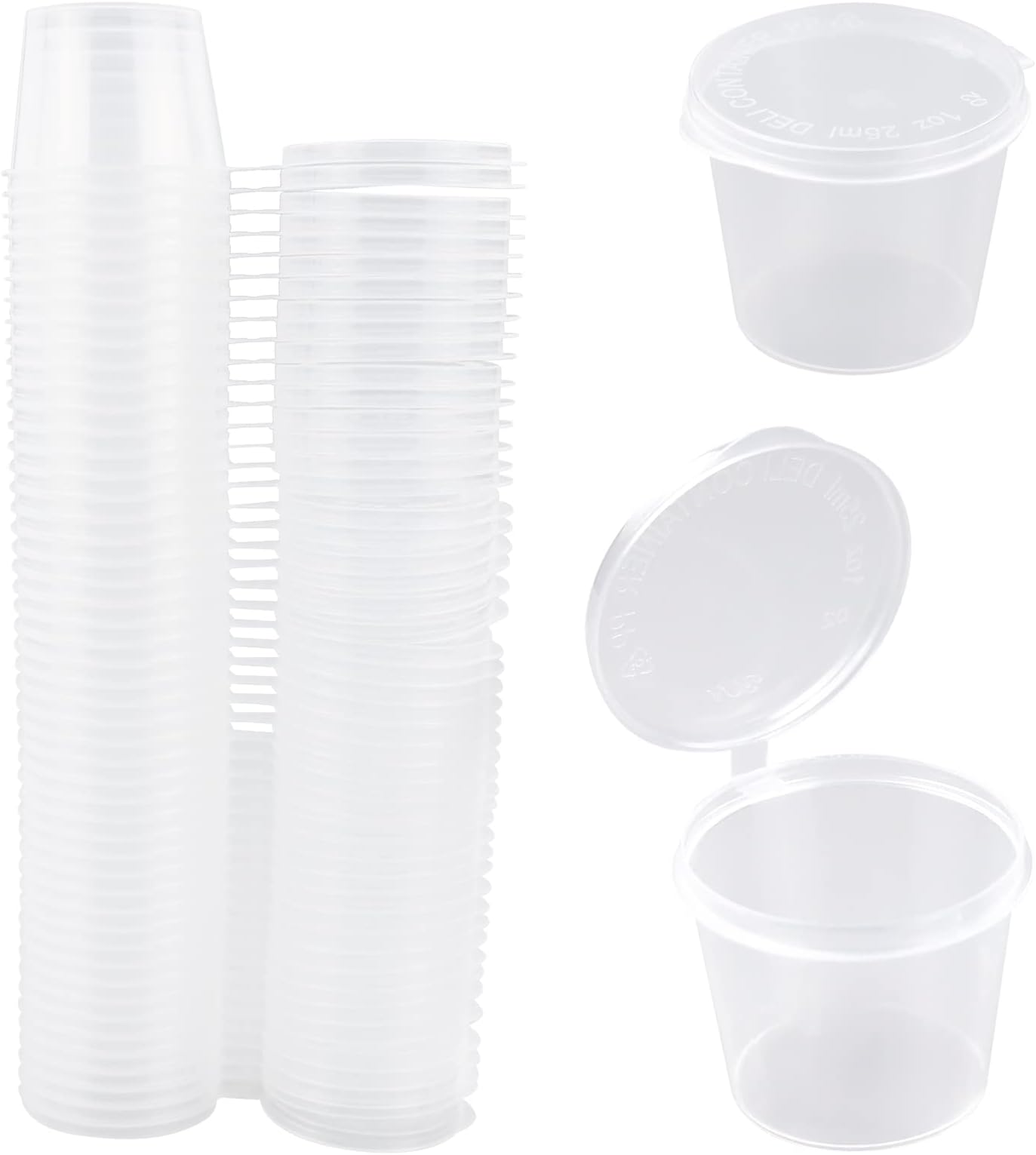 CYH 100 Pack 1oz Round Food Containers with Hinged Lids, Plastic Lid ...