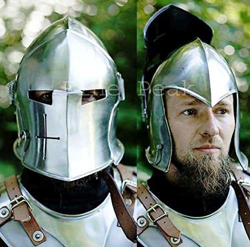 Amazon.com: Fine Peak Medieval Visored Barbuta Helmet Knights Templar Crusader Armor Helmet ...