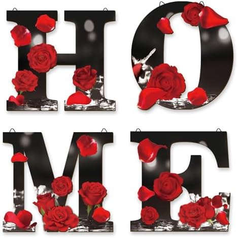 Amazon.com: 4 Pcs Wood Home Sign Red Rose Wall Decor Rose Style Signs ...