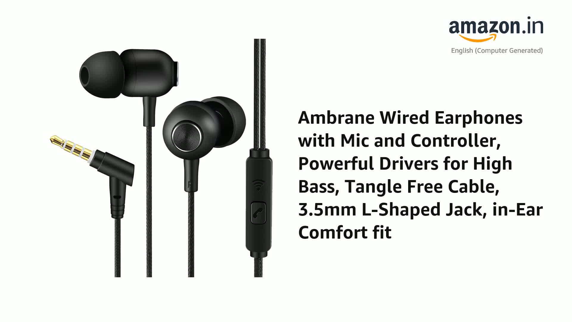 Ambrane Wired Earphones With Mic And Controller, Powerful Drivers For High Bass, Tangle Free ...