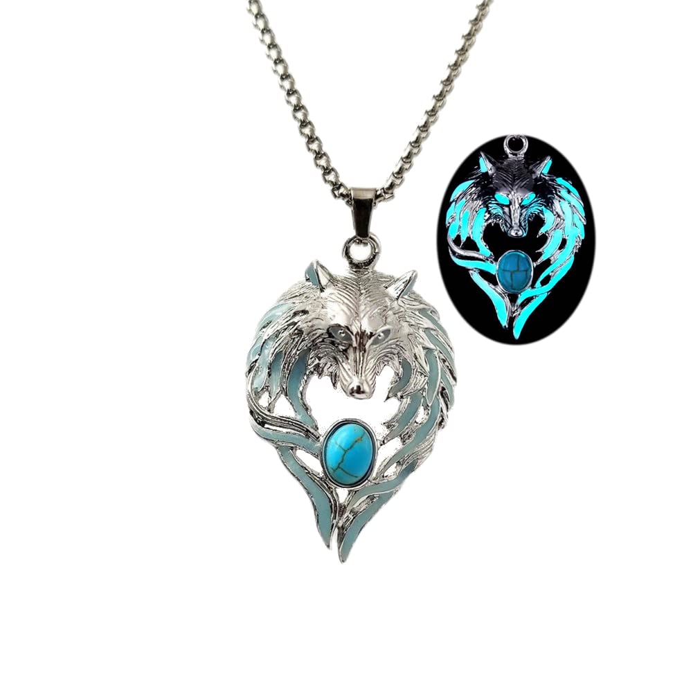 Viking Wolf Necklace for Women Men Luminous Wolf Head Pendant Necklace ...