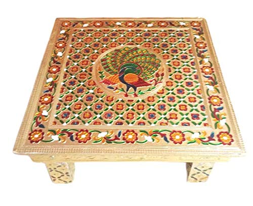 SANRACHNA Golden Minakari Wooden Chaurang Pooja Chowki/Bajot/Pata/Patla ...