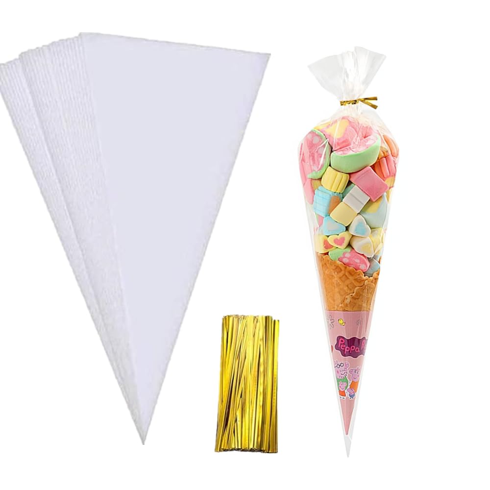 100 PCS Cellophane Cone Bags Sweet Cones Bags Plastic Cones for Sweets ...