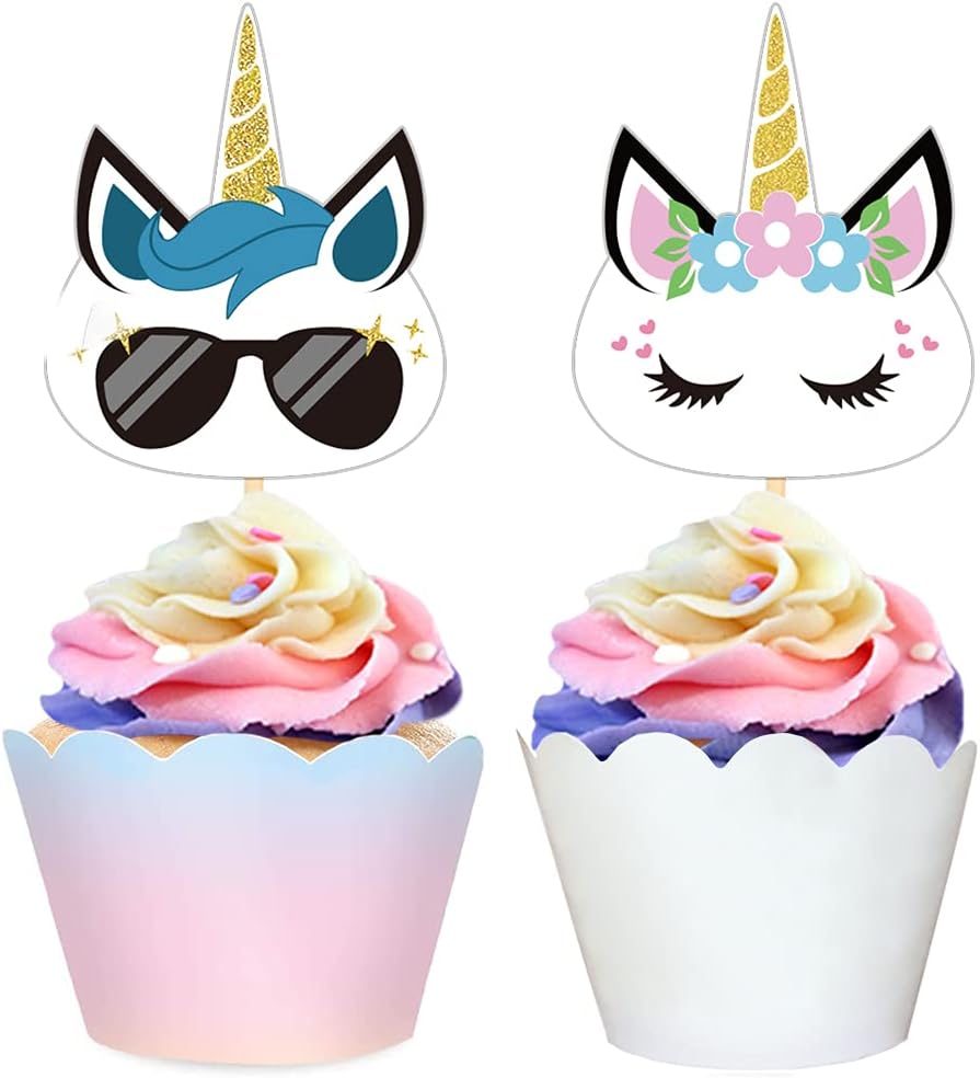 Amazon.com: 64pcs Unicorn Cupcake Toppers and Wrappers Double Sided for ...