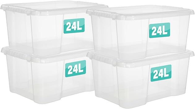 Optimal Products 4 x 24 Litre Storage Boxes With Lids Set of 4, Clear ...