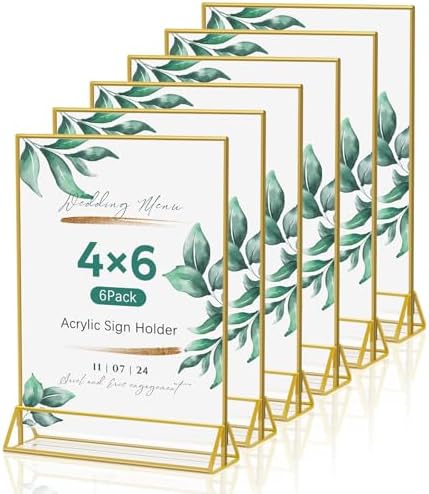 MEETOZ 6 Pack Acrylic Gold Sign Holder, 4x6 Double Sided Clear Frame ...