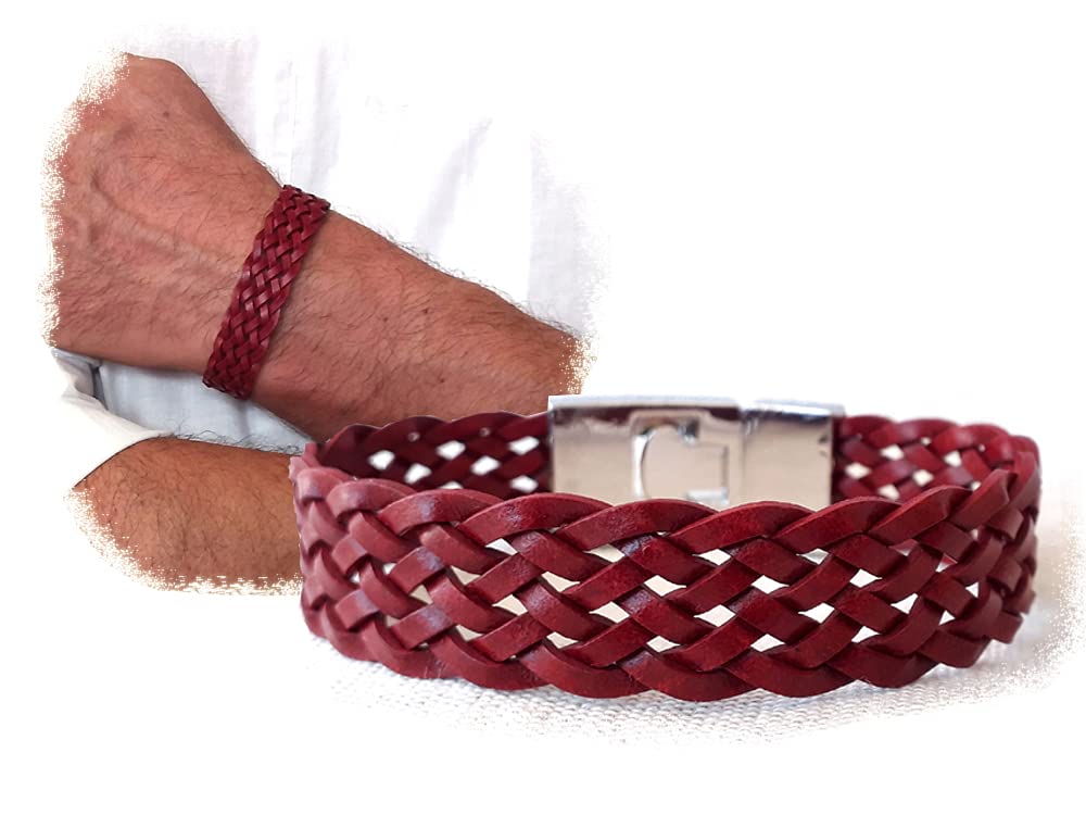 Bracelet homme en cuir tressé - Rouge - Différentes tailles - Fermoir ...