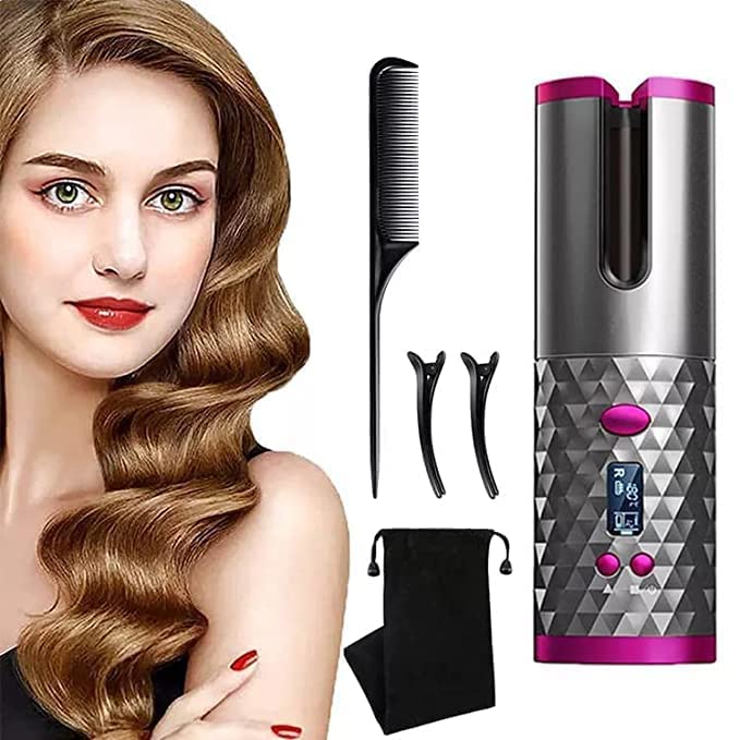 Hair Curler, Automatic Curling Iron, Rechargeable Auto Rotating Ceramic ...