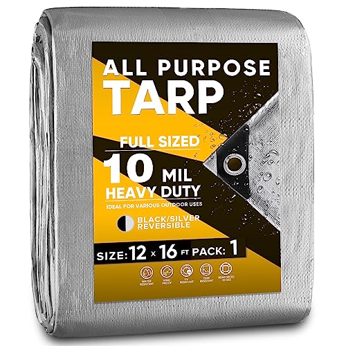 Zeonly 12x16ft Tarp Heavy Duty Waterproof,10Mil Thick Black/Silver ...