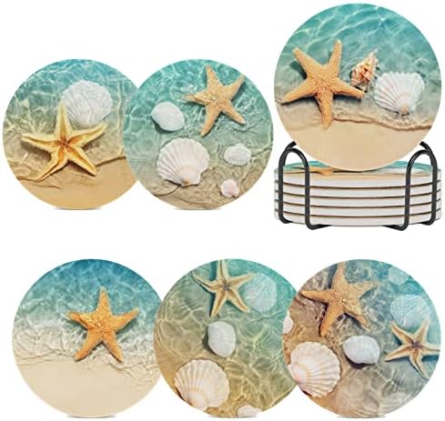 Amazon.com: Coasters for Drinks Absorbent with Holder,Starfish Seashell ...