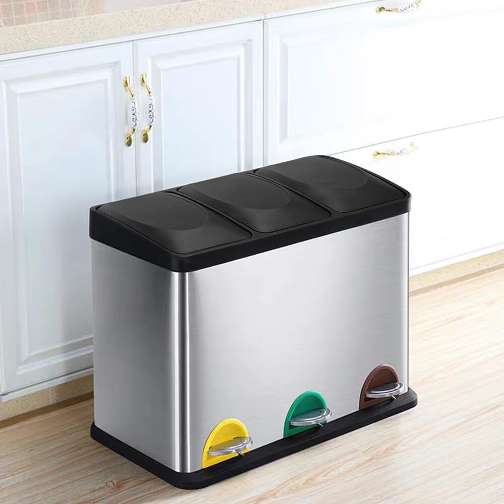 Triple Compartment Kitchen Rubbish Bin With Foot Pedal For Trash Waste
