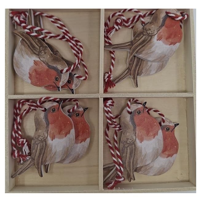 8x 6cm Robin Christmas Tree Decoration Wooden Bird Festive Ornament ...