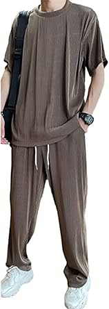 Amazon | [HPDT] 薄型通気快適カジュアルセットアップ メンズア イスシルク 上下セット 春夏 半袖 ゆったり ストレッチ ルーム ...