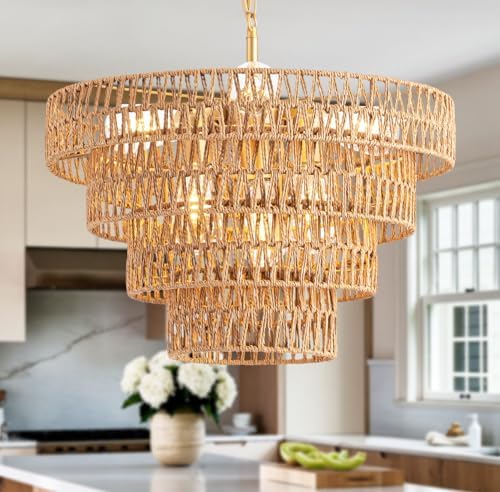 Eayaya Boho Rattan Chandelier, 6-Light Dining Room Light Fixture ...