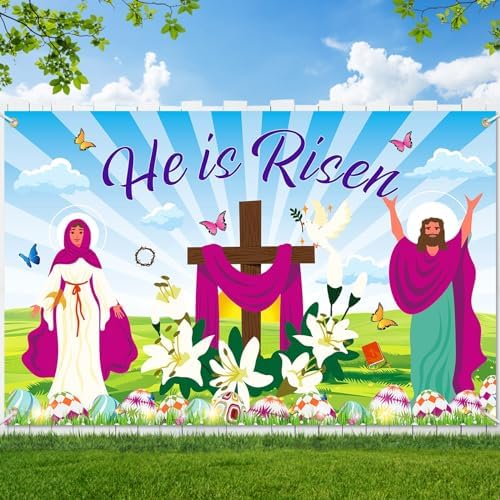 Amazon.com : He is Risen Easter Backdrop, Easter Decorations Banner ...