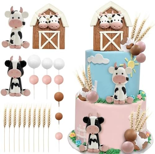 Amazon.com: Gyufise 1Pc Cow One Cake Topper Glitter Farm Animals First ...