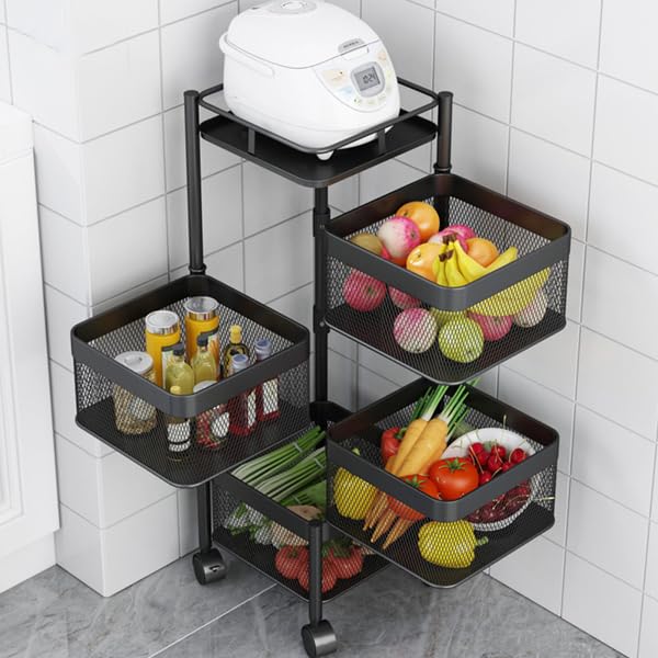 SEVVY - Rotating Kitchen Rack with Wheels - Rectangular 4-Tier Iron ...